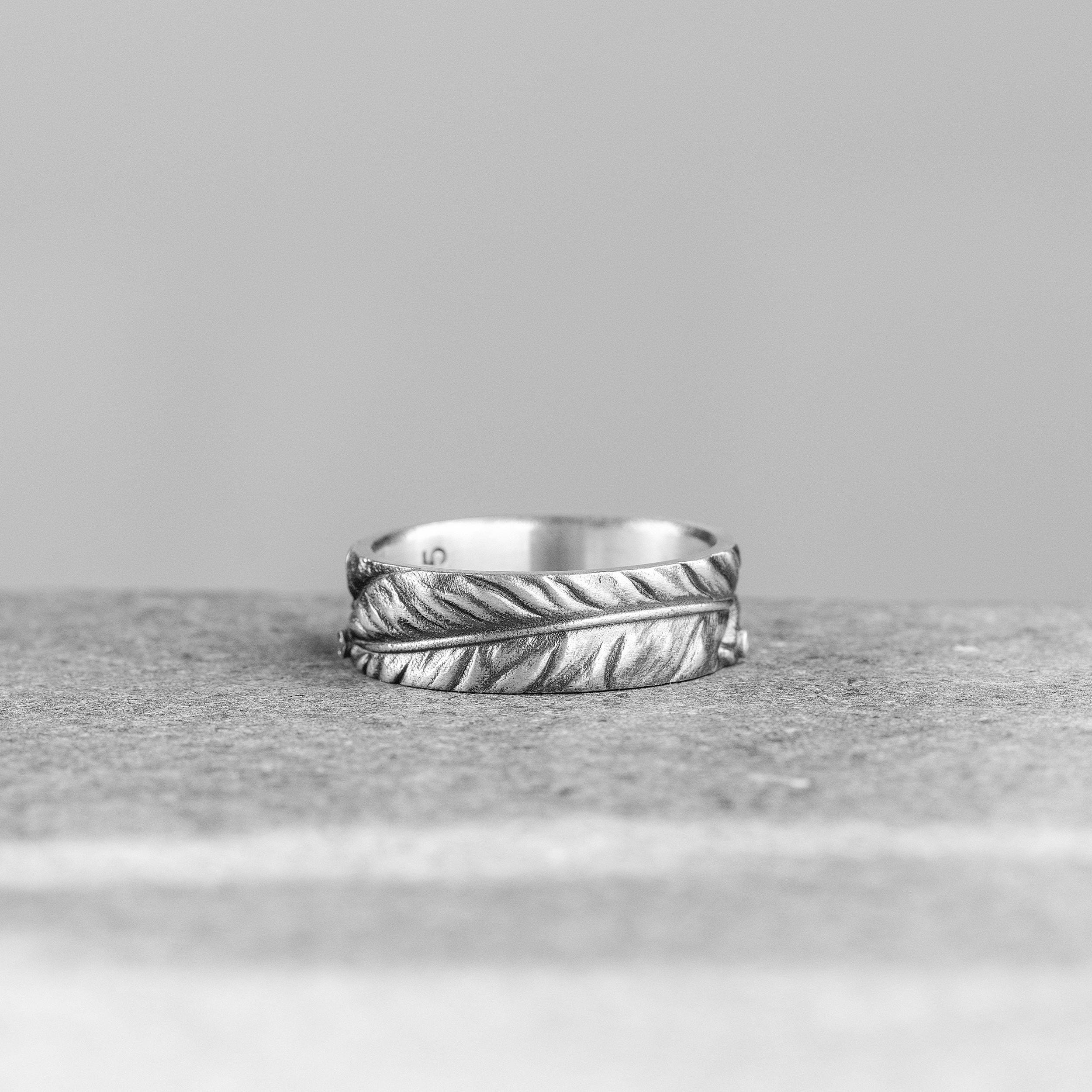 Feather Sterling Silver Band Men Wedding Ring, Handmade Silver Jewelry ...