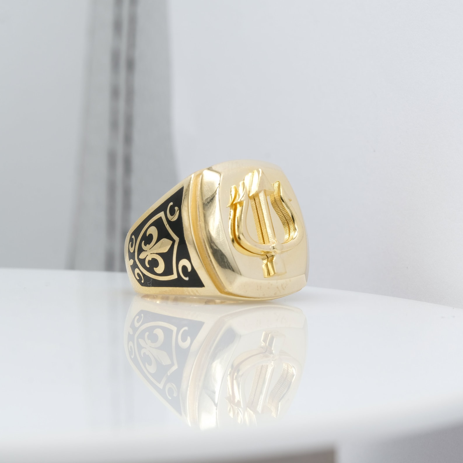 18k Gold Trident Ring 14k Enamel Trident Signet Ring Solid Trident ...
