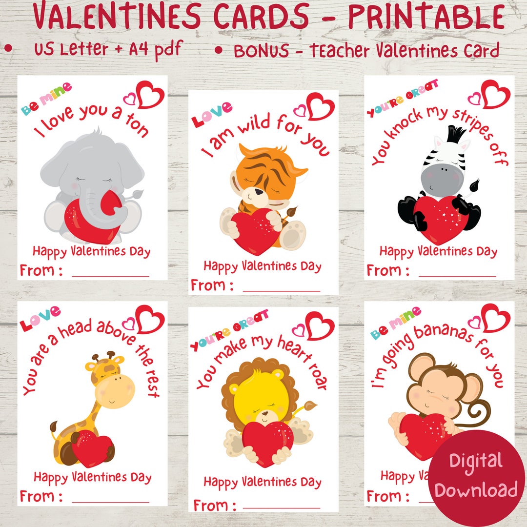 Printable Wild Animals Valentines Day Tags / Cards, Valentines Cards ...