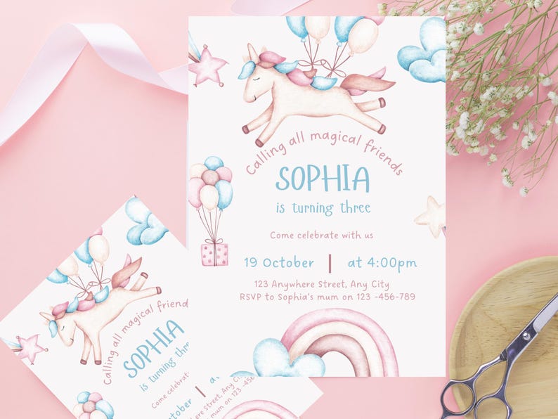 Editable Unicorn Birthday Invitation - Pastel Watercolor Rainbow Party ...