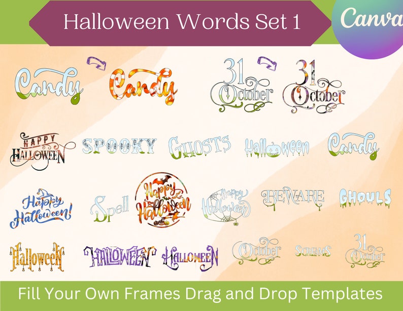 Halloween Words Canva Frames, Commercial and Personal, Custom Fillable ...