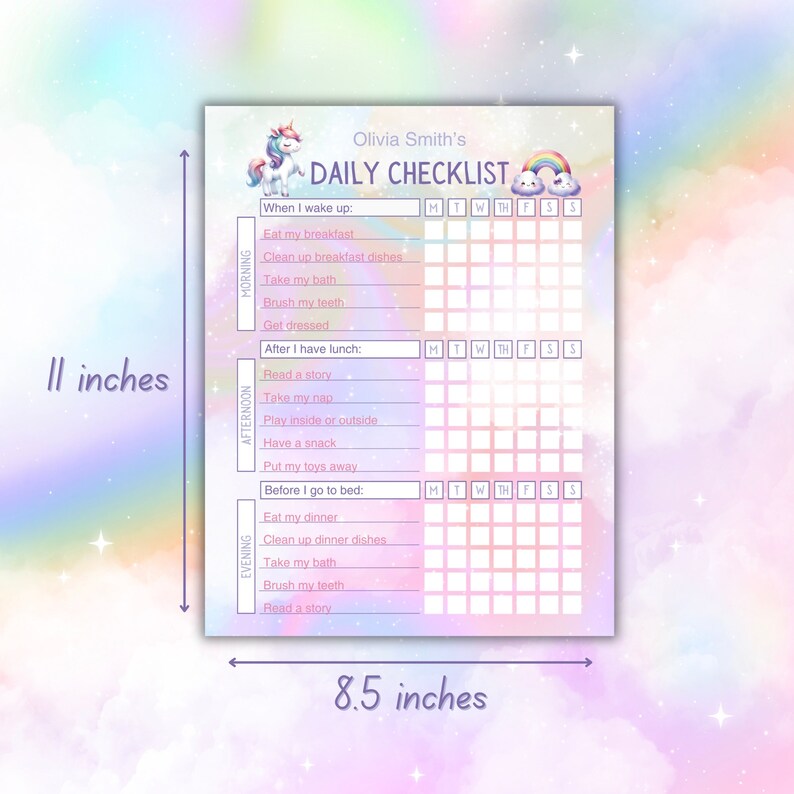 Unicorn and Rainbow Editable Checklist for Kids Chore Chart Daily ...