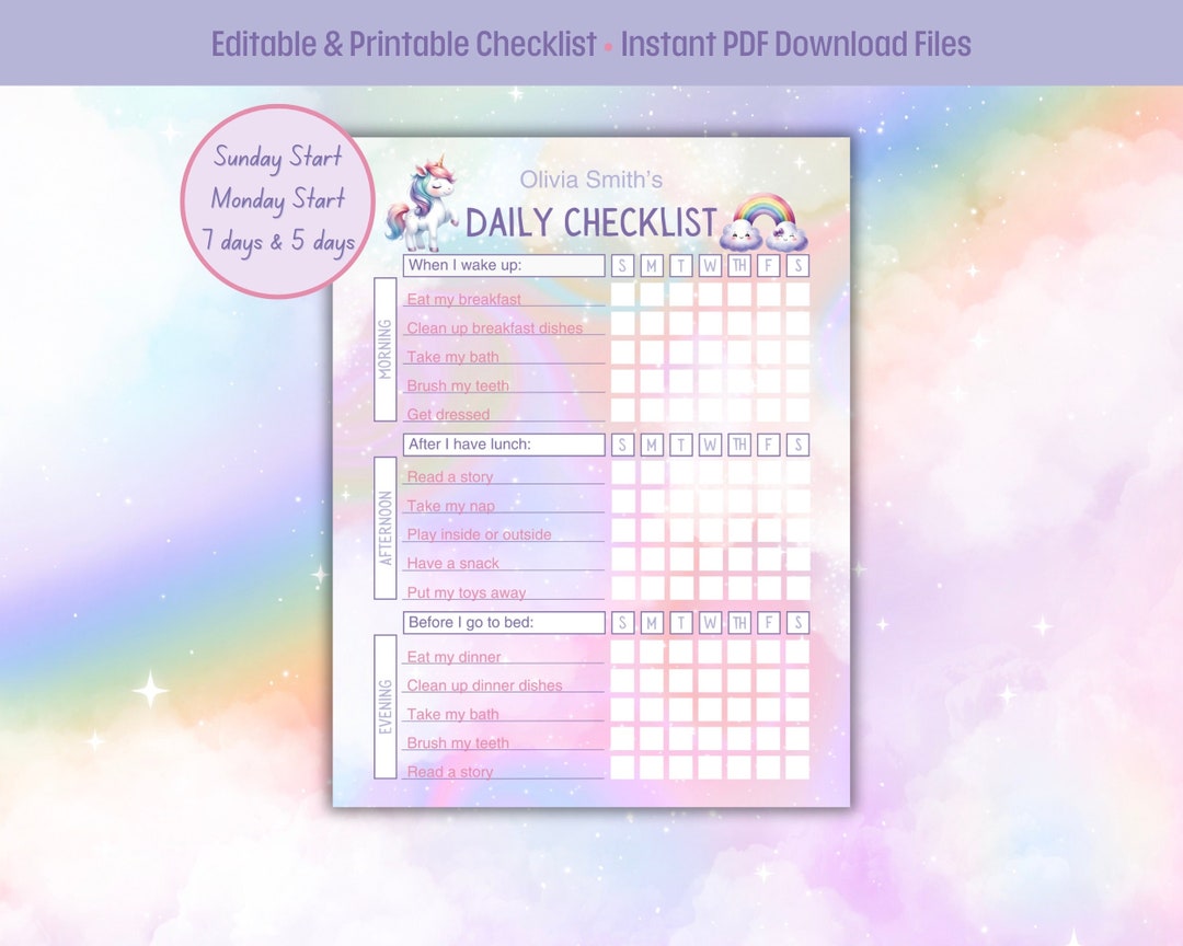Unicorn and Rainbow Editable Checklist for Kids Chore Chart Daily ...