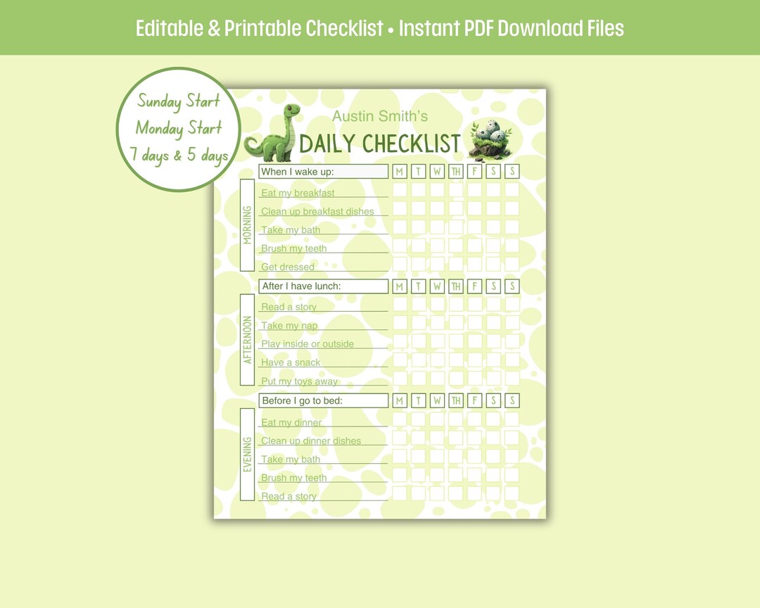 Dinosaur Checklist for Kids Chore Chart Daily Checklist Daily Routine ...