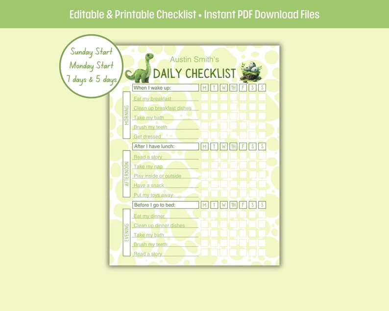 Dinosaur Checklist for Kids Chore Chart Daily Checklist Daily Routine ...