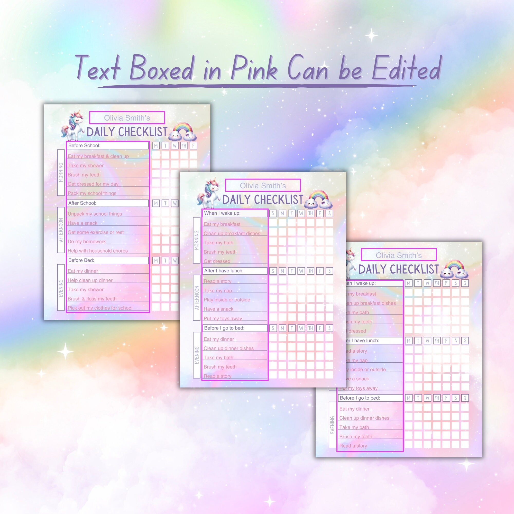 Unicorn and Rainbow Editable Checklist for Kids Chore Chart Daily ...