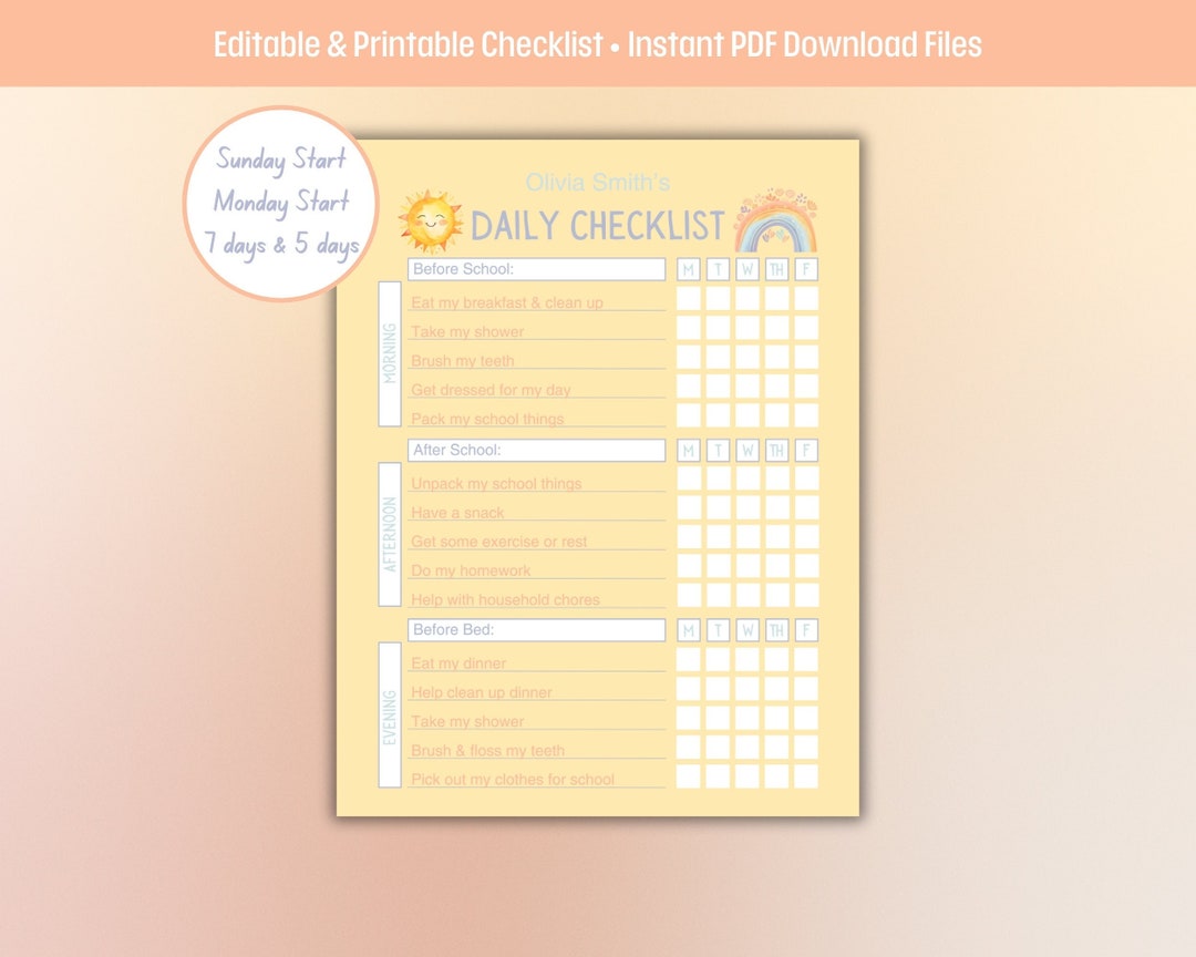 Boho Rainbow Checklist for Kids Chore Chart Daily Checklist Daily ...