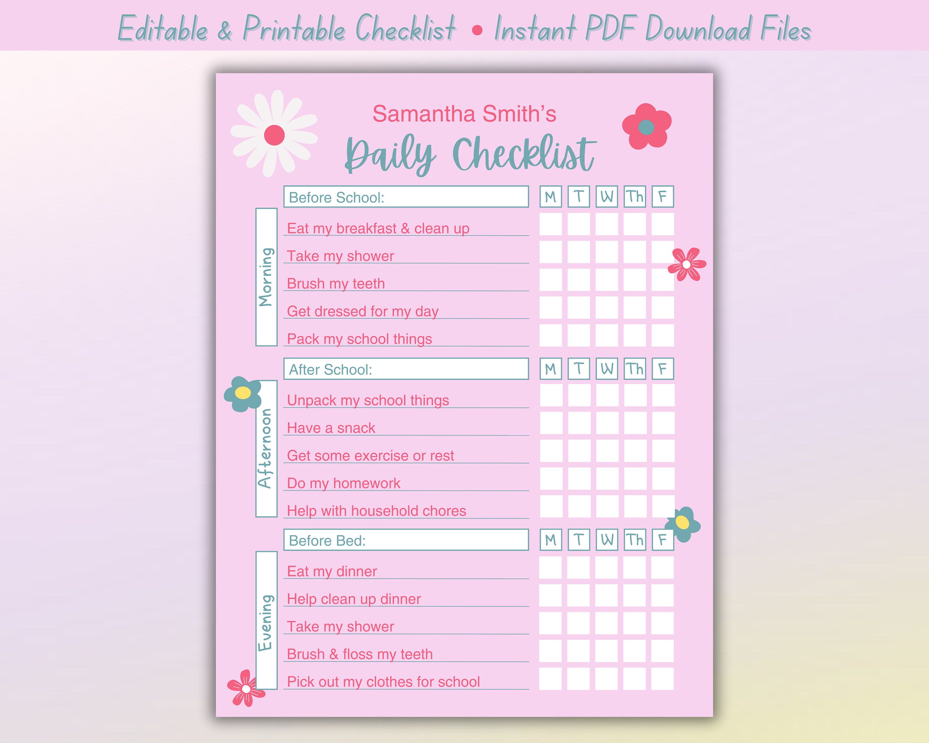Kids Chore Chart, Editable Personalized Kids Checklist, Daily Checklist ...