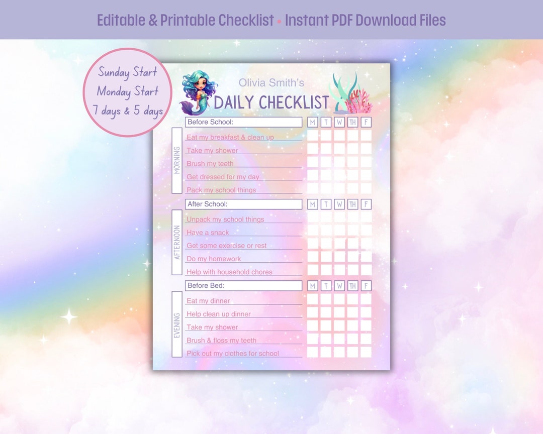 Mermaid Editable Checklist for Kids Chore Chart Daily Checklist Daily ...