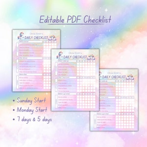 Unicorn and Rainbow Editable Checklist for Kids Chore Chart Daily ...