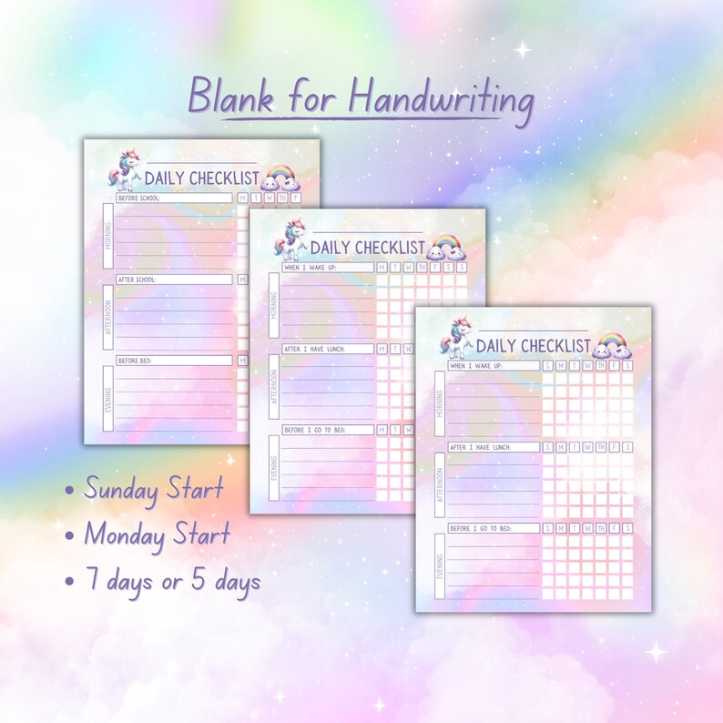Unicorn and Rainbow Editable Checklist for Kids Chore Chart Daily ...
