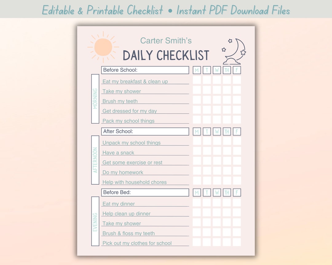 Kids Daily Checklist, Editable Chore Chart, Daily Checklist, Daily ...