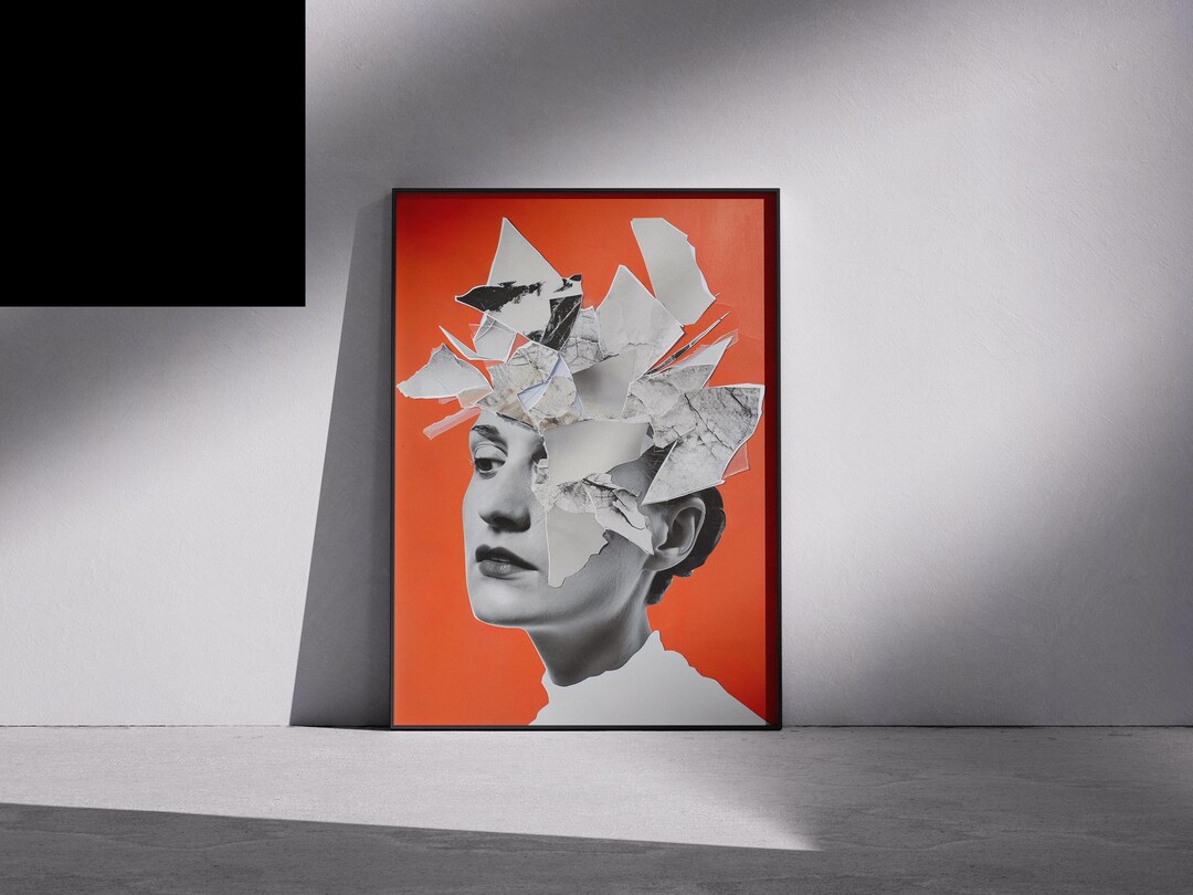 Surrealist Female Portrait Collage, Orange Abstract Art (digital ...