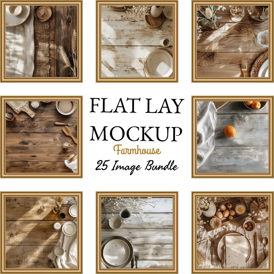25 X Farmhouse Table Flat Lay Mockup Bundle Add Your Products | Digital ...