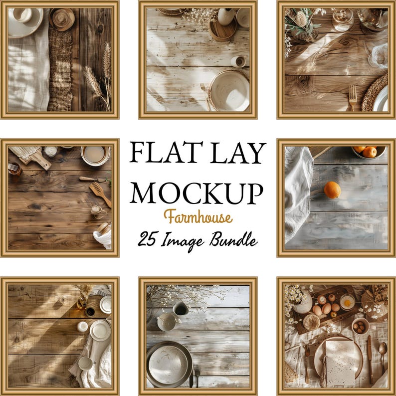 25 X Farmhouse Table Flat Lay Mockup Bundle Add Your Products | Digital ...