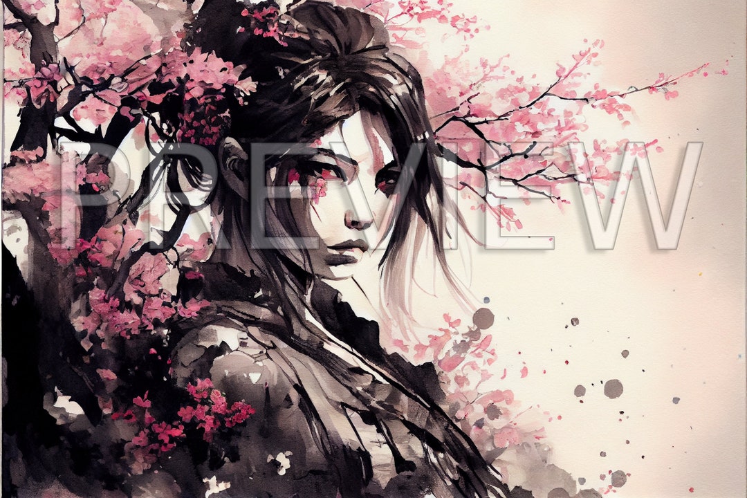 Sakura Girl - Ink Painting - Digital Print - Gift - Japanese Girl Under ...