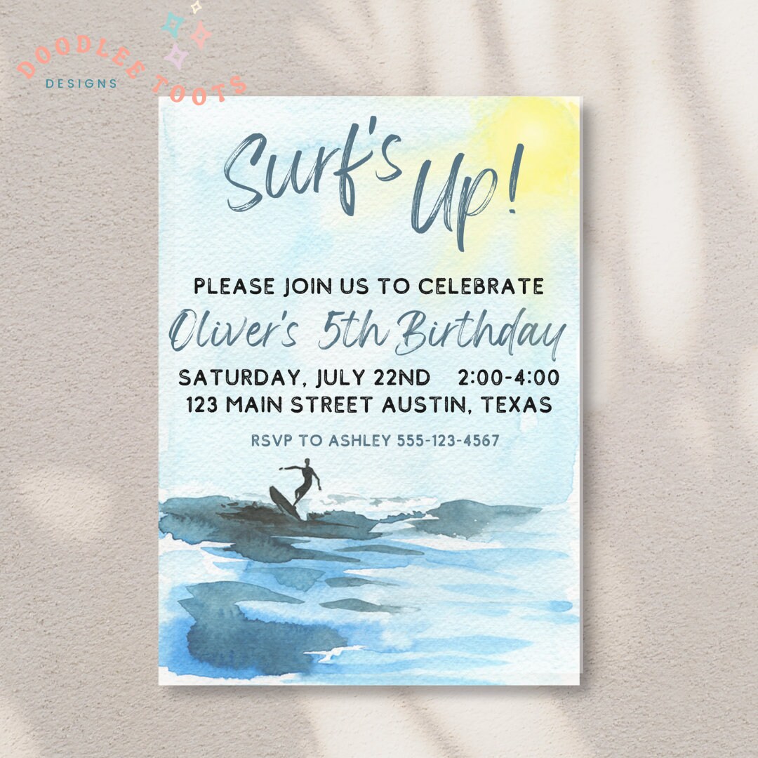 Surfing Birthday Invite, Surf Birthday Invitation, Surf's up Birthday ...