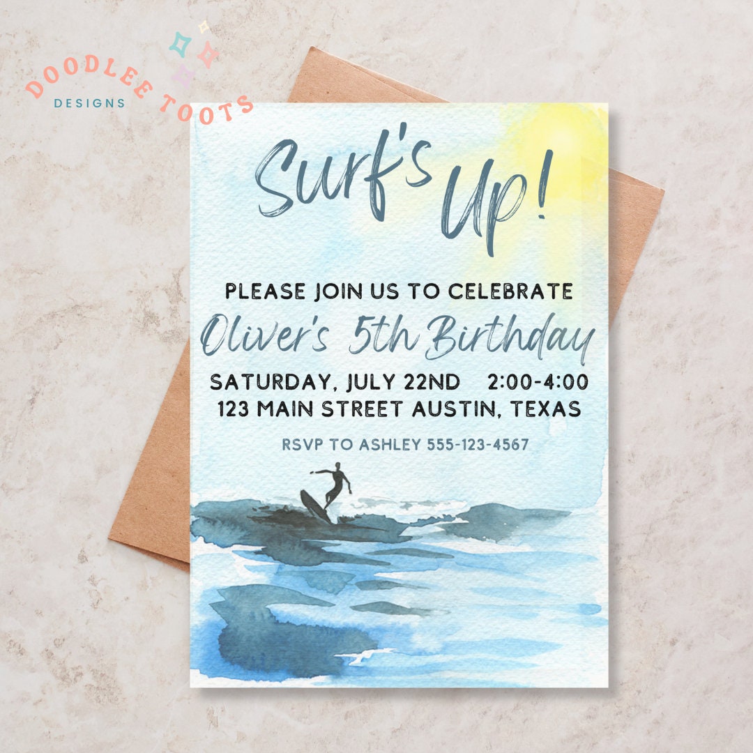 Surfing Birthday Invite, Surf Birthday Invitation, Surf's up Birthday ...