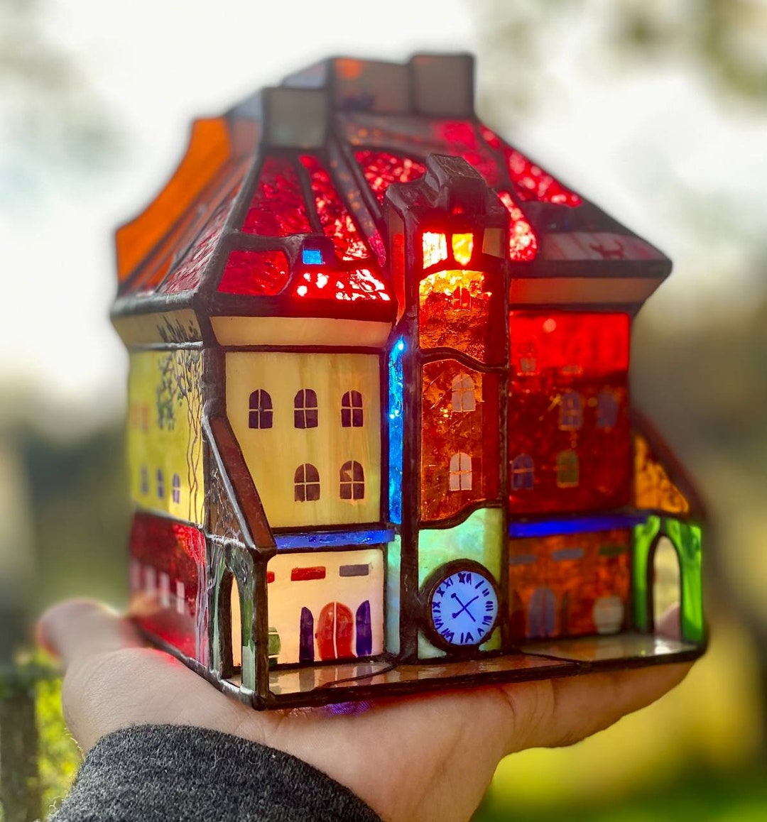Stained Glass Historic Stained Gladd House for Thanksgiving, Handmade and Handpainted Cardholder ...