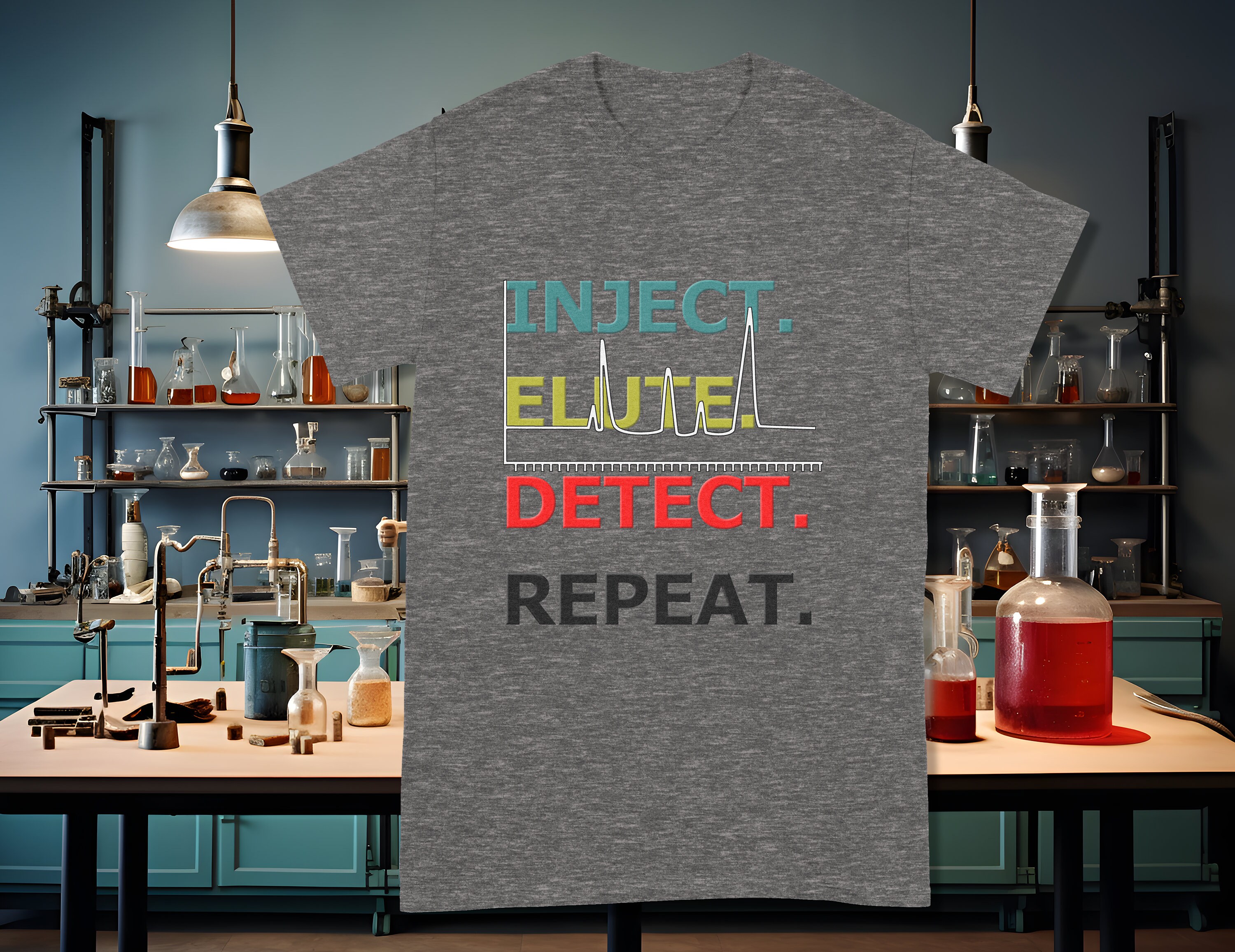 Chemist T-shirt HPLC Chromatogram Tee, Inject, Elute, Detect, Repeat ...