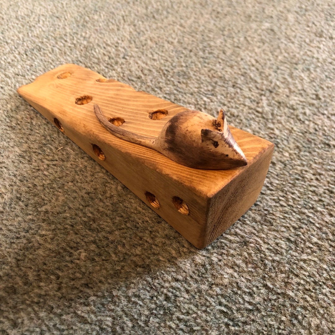 Handmade Wooden Door Stop: Rustic Mouse on Cheese, Reclaimed Wood Decor ...