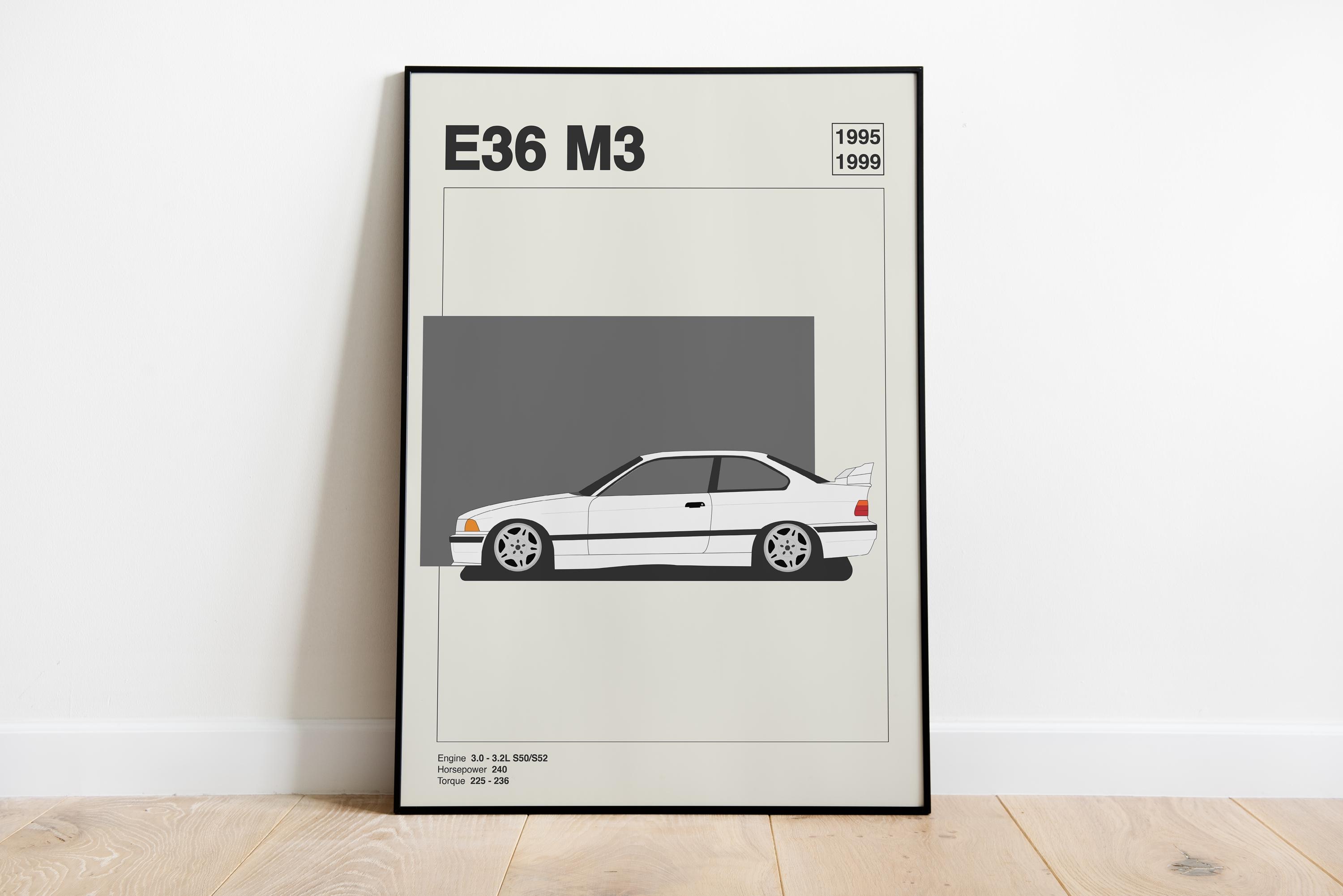 BMW E36 M3 Poster Car Print - Retro Wall Decor - Mid-century Modern ...