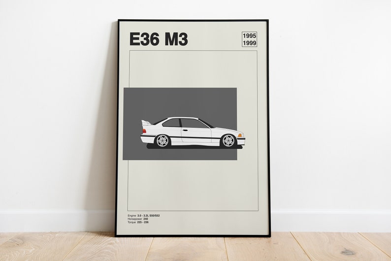 BMW E36 M3 Poster Car Print Retro Wall Decor Mid-century - Etsy