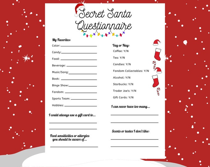 EDITABLE Secret Santa Gift Exchange Printable, Gift Questionnaire ...
