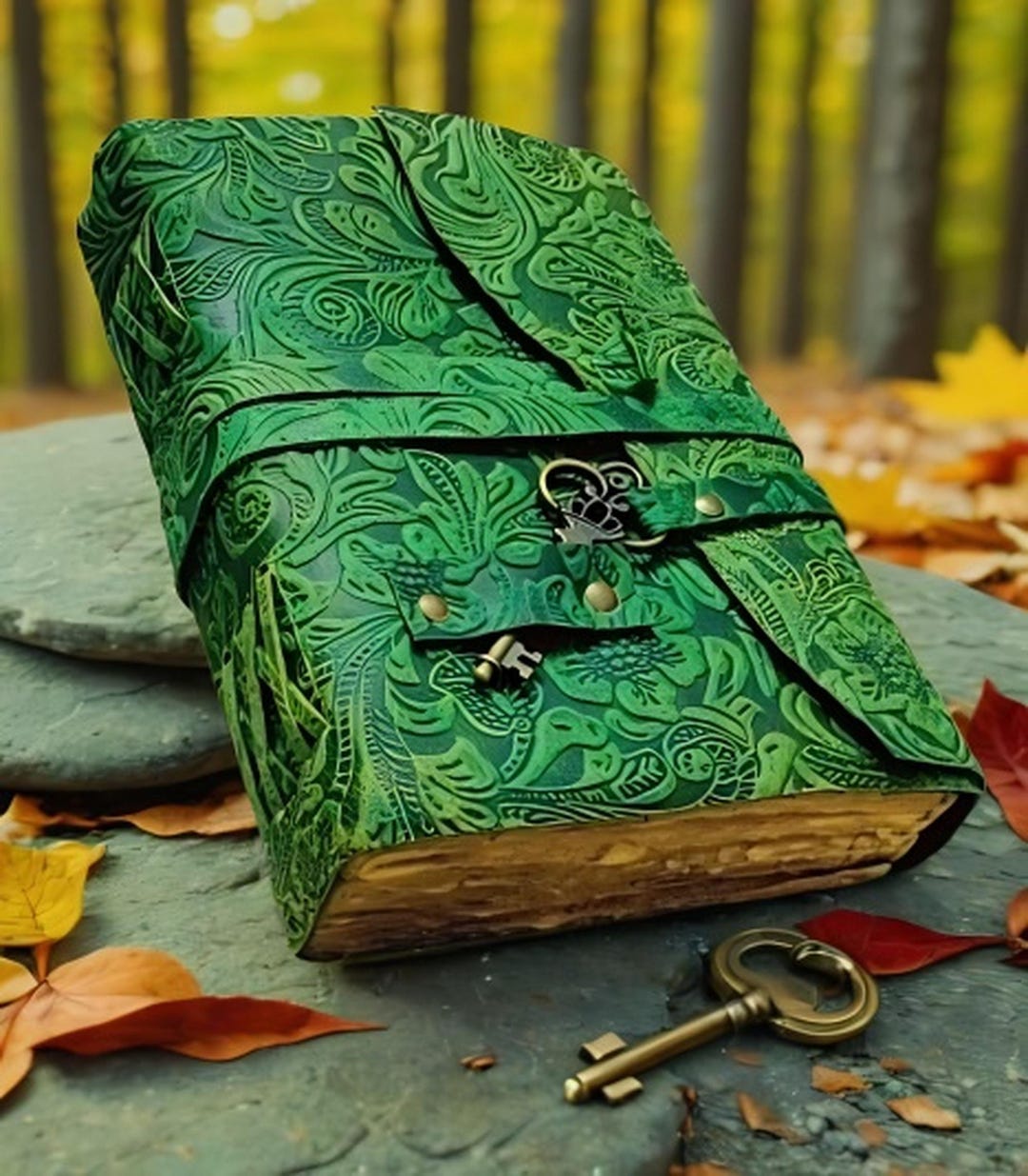 Green Garden Flower Leather Journal With Lock | Vintage Lock Journal ...