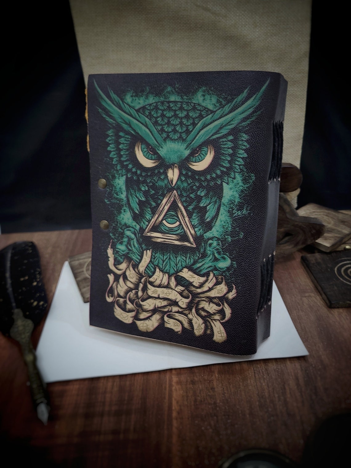 Owl Printed Handmade Leather Journal With Deckle Edge Paper Grimoire ...