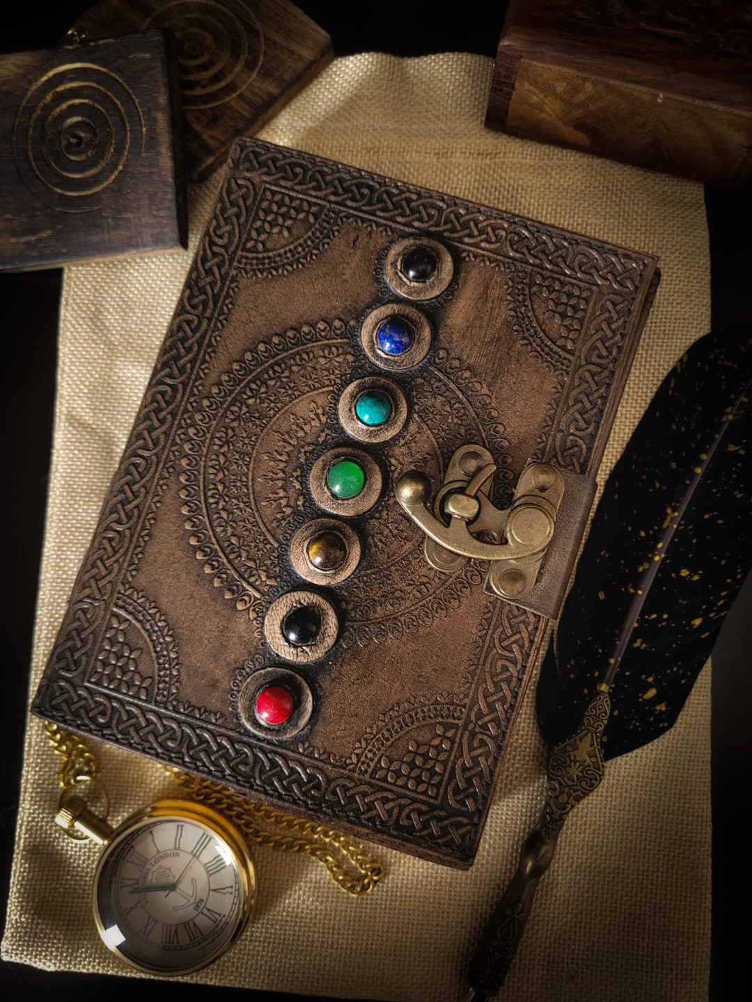 7-stone Leather Notebook With Clasp Lock Stone Embossed Handmade Book ...