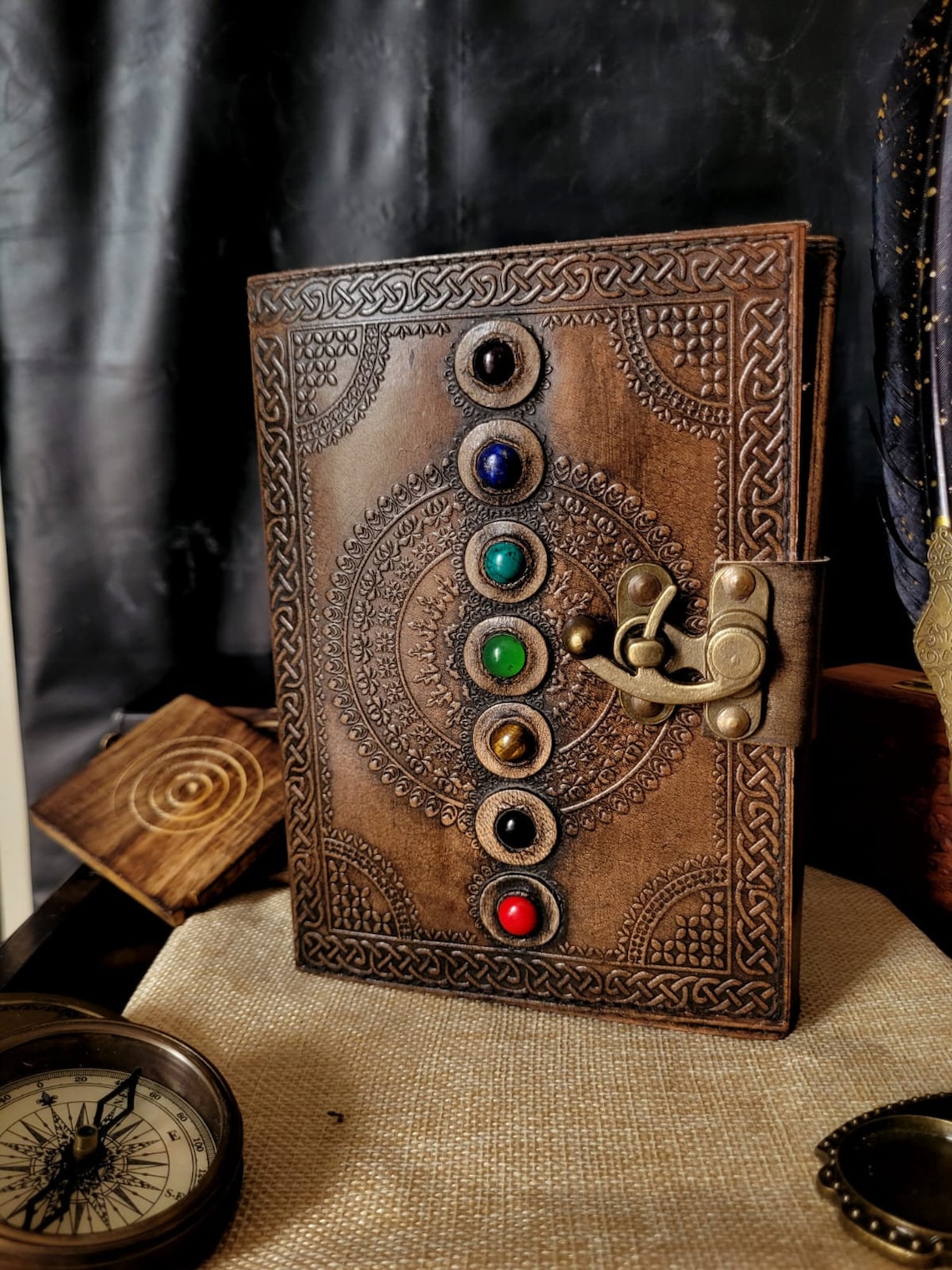 7-stone Leather Notebook With Clasp Lock Stone Embossed Handmade Book ...