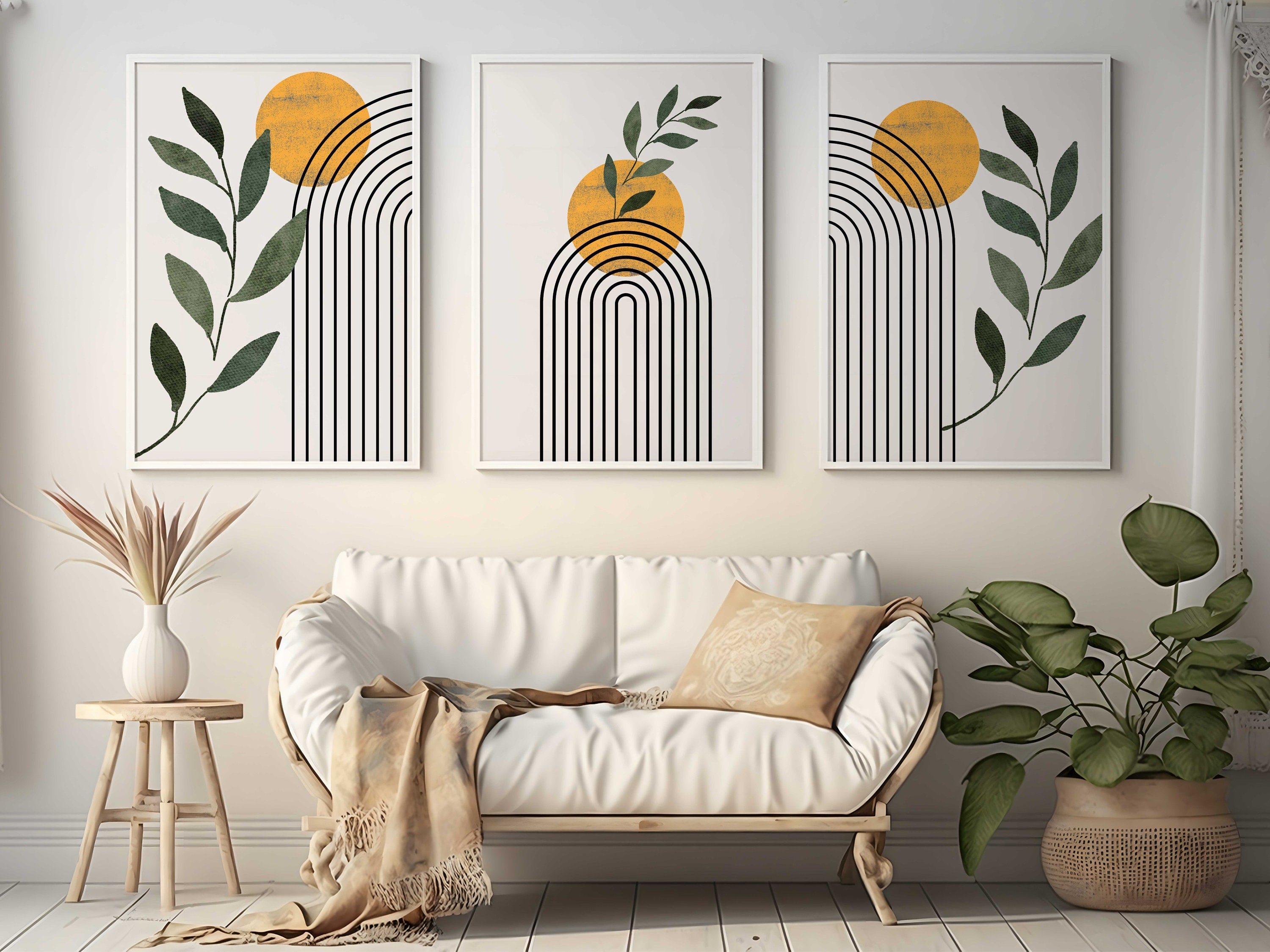 Mid Century Abstract Boho Art Prints Set of 3, Neutral Modern Wall Art ...