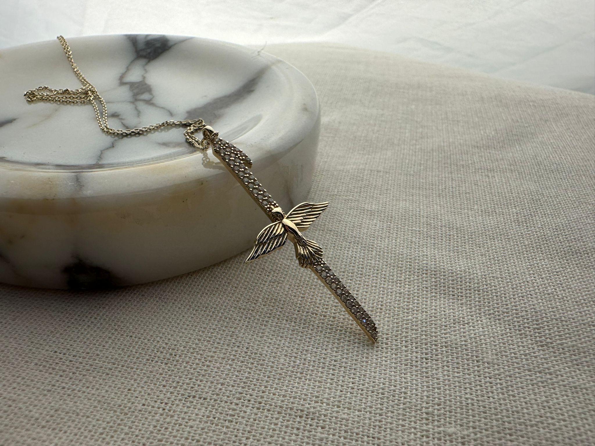 14K Gold Bird Sword Necklace , Bird Sword Pendant , Special Gift ...