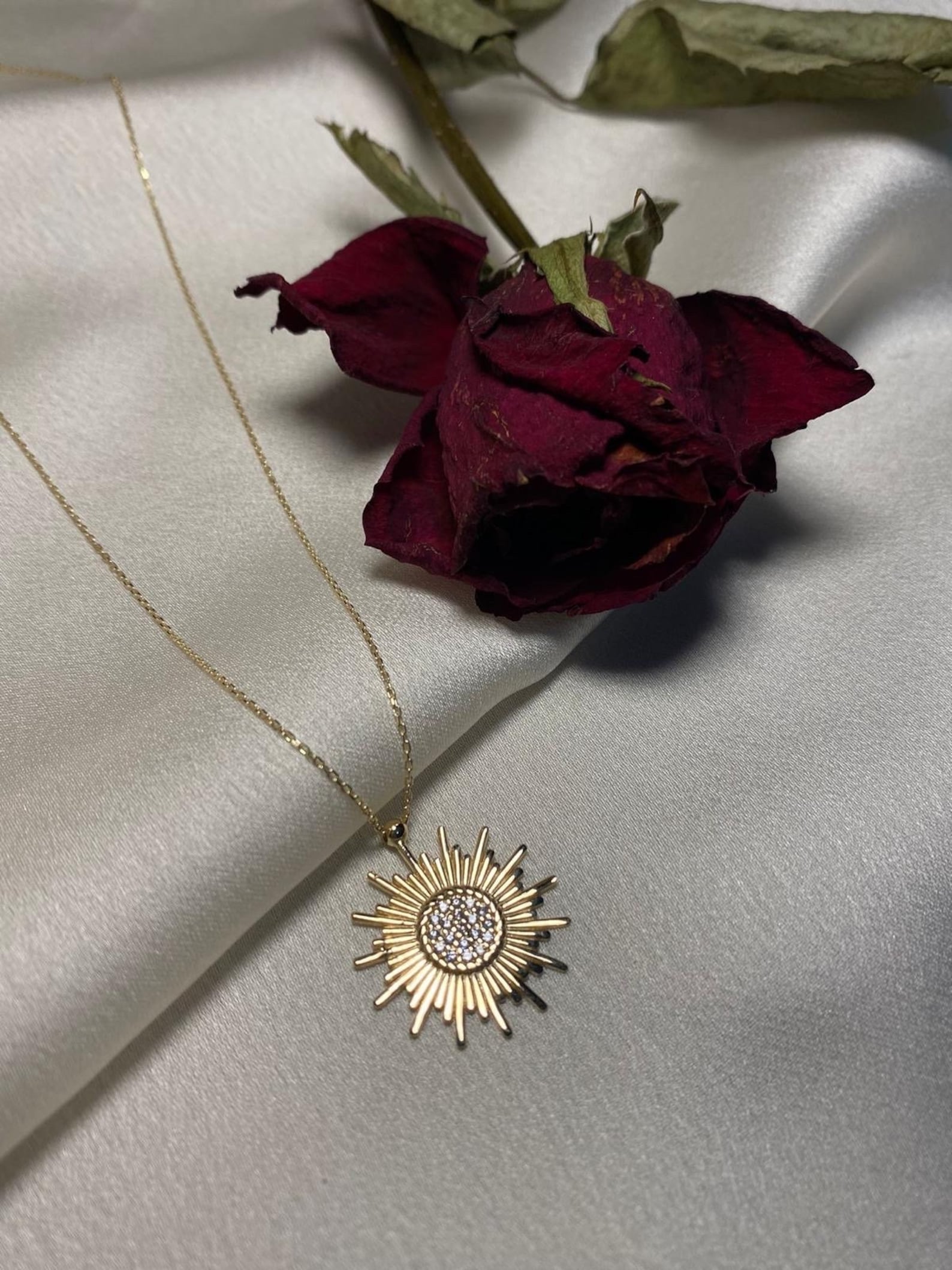 14K Gold Sun Necklace, Sunburst Celestial Pendant, Sun Charm Necklace ...