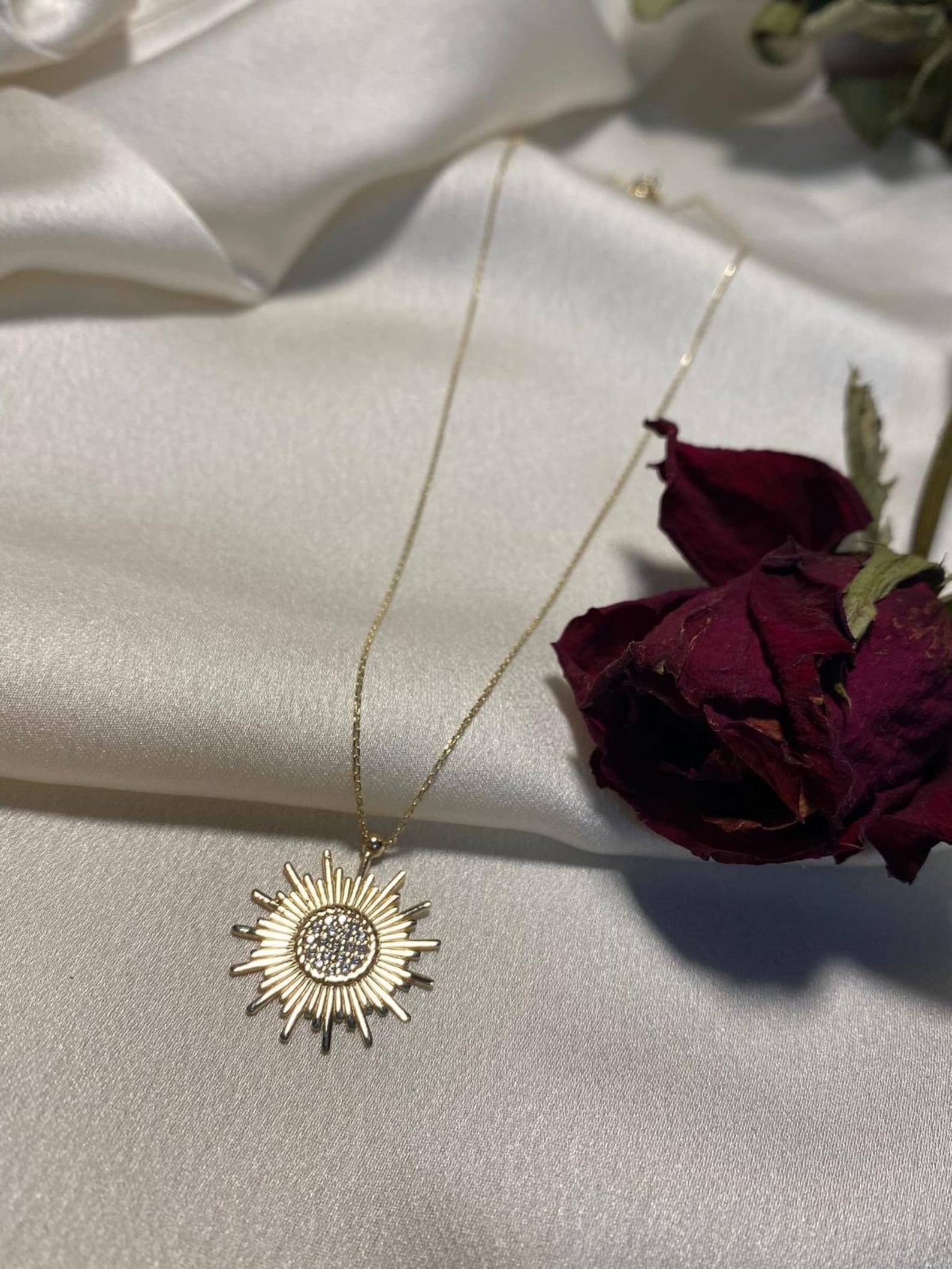 14K Gold Sun Necklace, Sunburst Celestial Pendant, Sun Charm Necklace ...