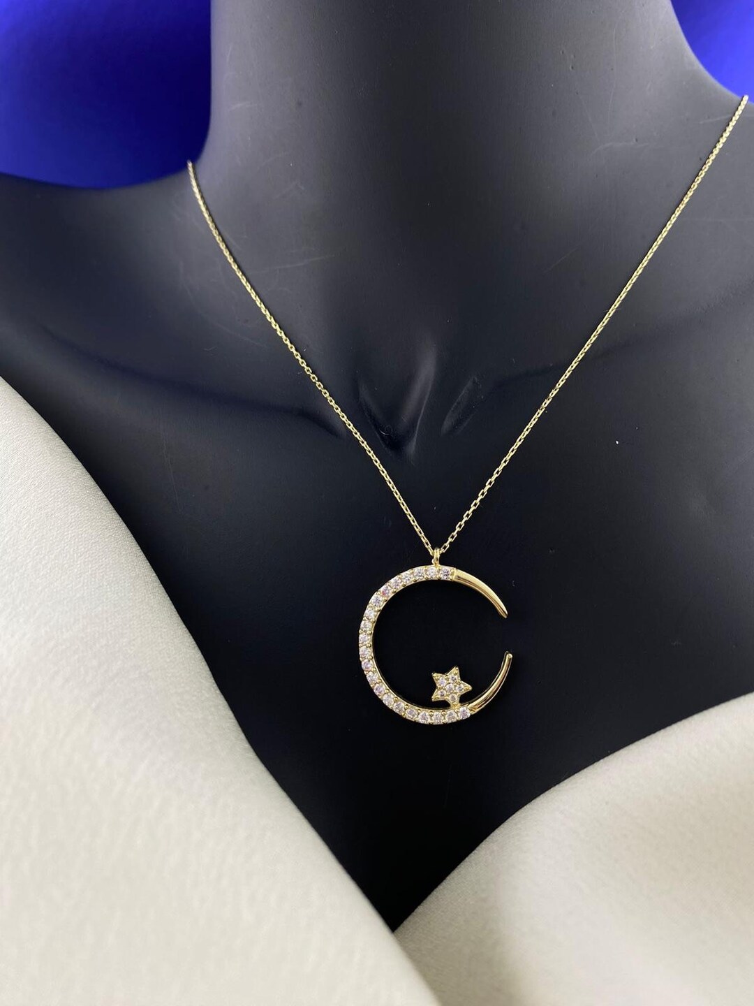 14K Solid Gold Moon & Star Charm Necklace, Dainty Starburst Pendant ...