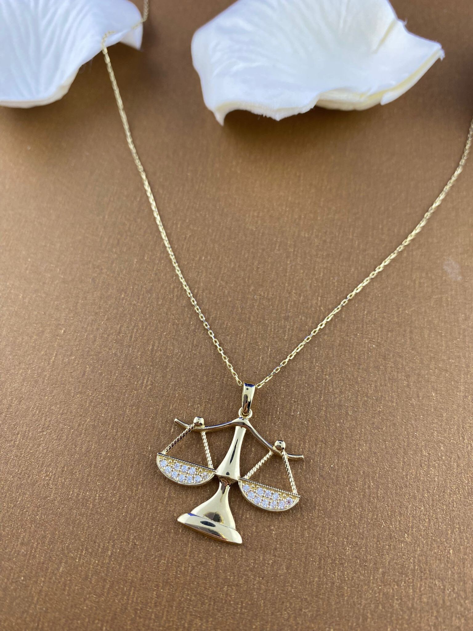 14K Solid Gold Scales of Justice Necklace, Lawyer Pendant, Dainty Scale ...