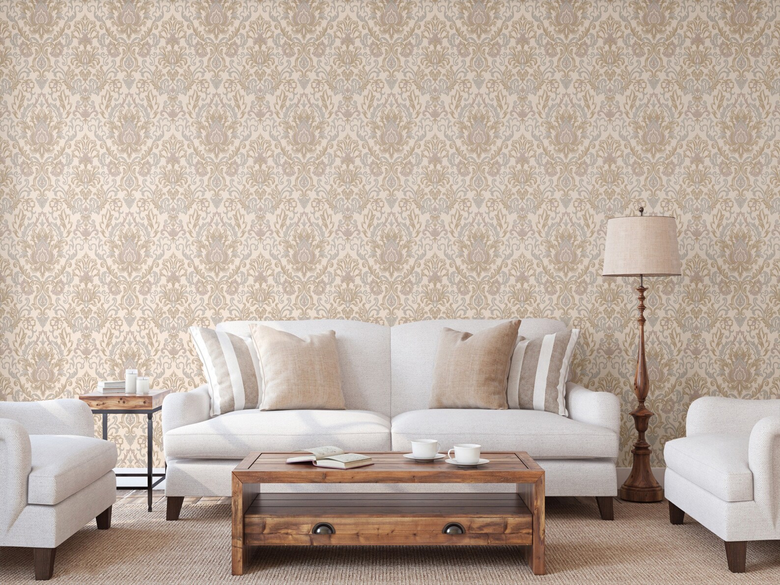 Luxury Beige Cream Damask Wallpaper, 3D Textured Wallpaper, Decorative ...