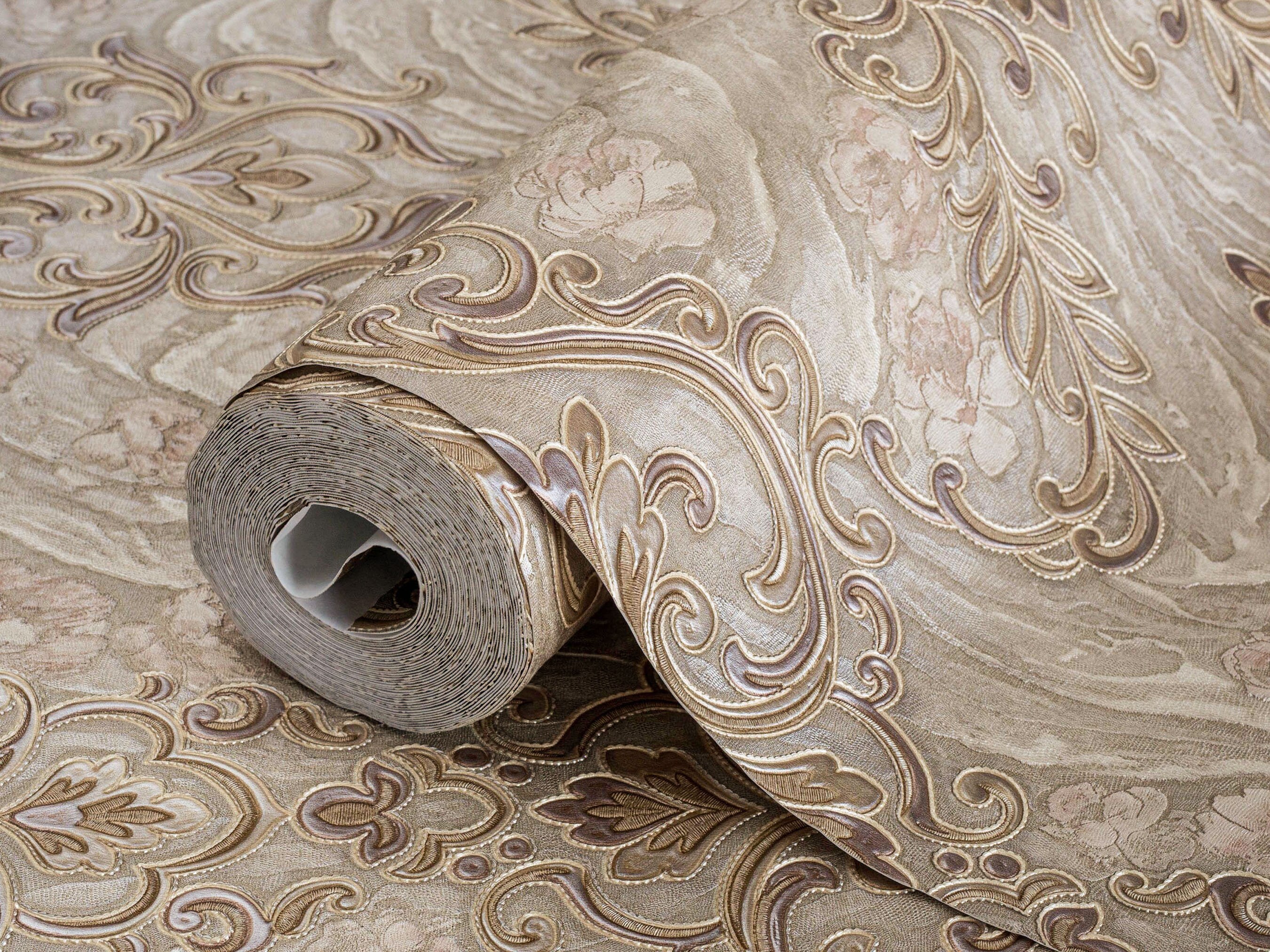 Luxury Damask Gray Latte Wallpaper, 3D Textured Victorian Wallpaper ...
