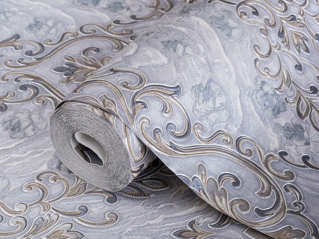 Luxury Damask Blue Gold Wallpaper, 3D Textured Victorian Wallpaper ...