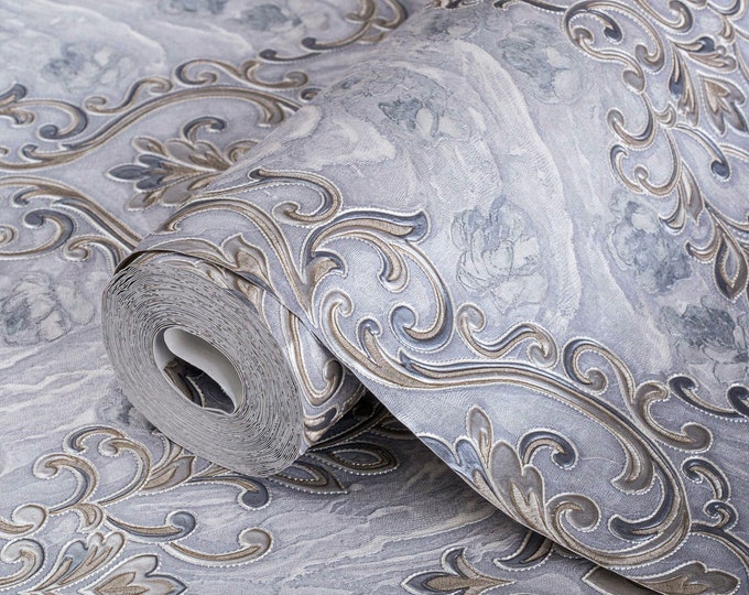 Luxury Damask Silver Gold Wallpaper, 3D Textured Wallpaper, Decorative ...