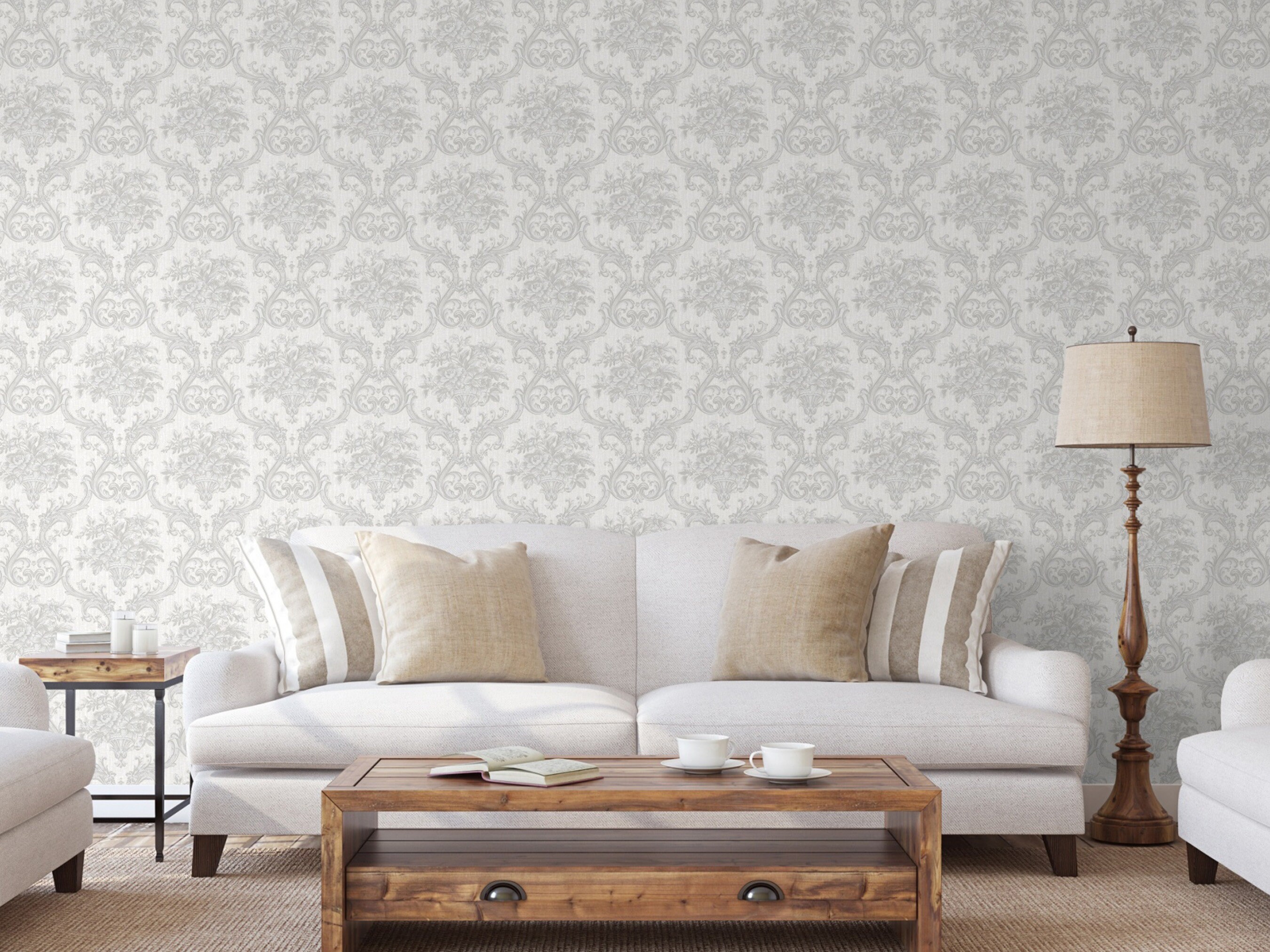 Damask Deep Embossed Wallpaper, 3D Washed Textured Wallpaper, White ...