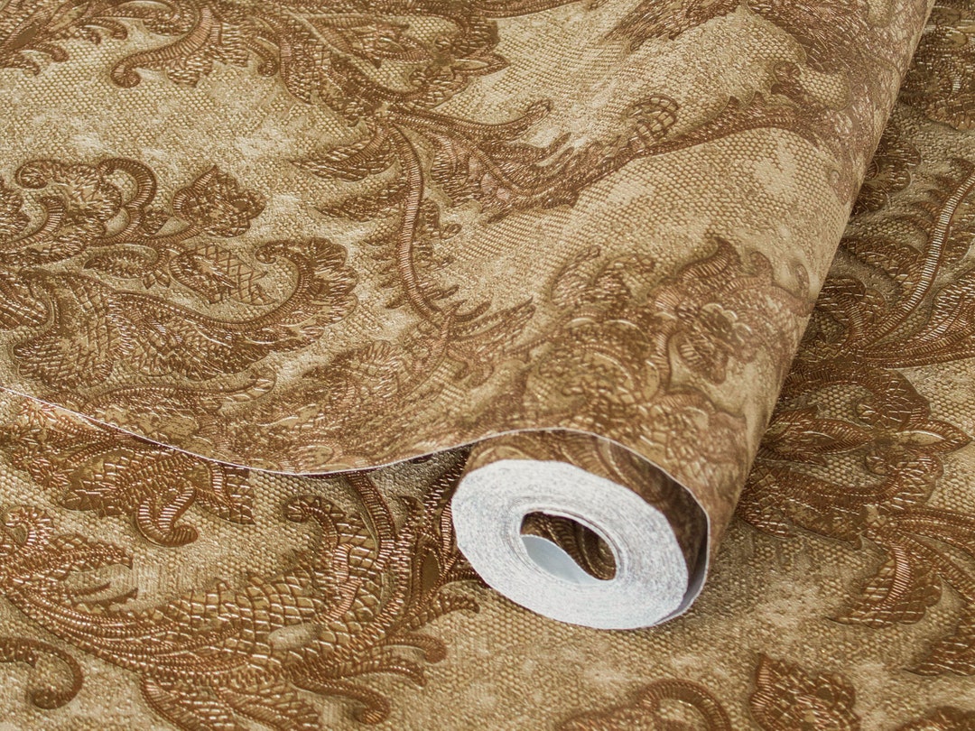 Washed Brown Damask Embossed Wallpaper, 3D Textured Wallpaper, Washable ...