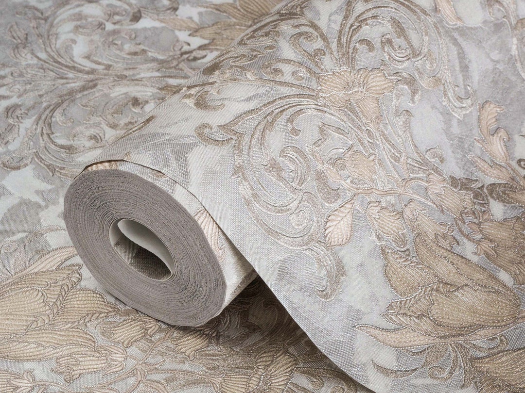 Luxury Damask Silver Gold Wallpaper, 3D Textured Wallpaper, Decorative ...