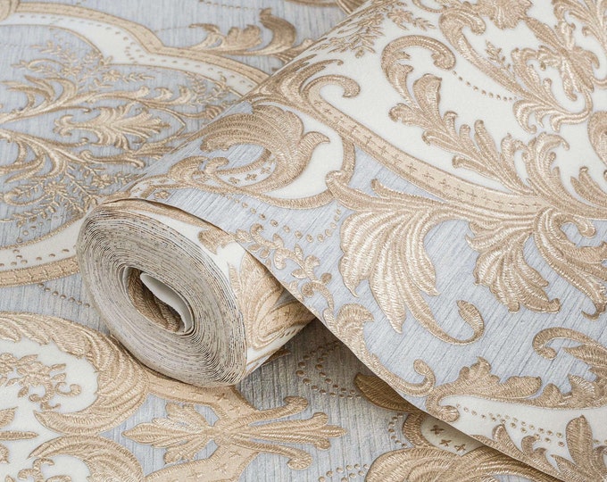 Luxury Damask Silver Gold Wallpaper, 3D Textured Wallpaper, Decorative ...