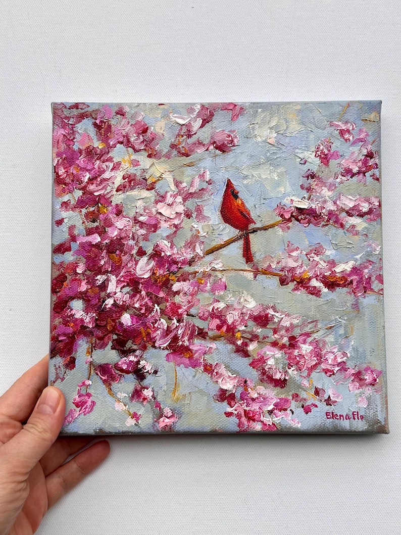 Red Cardinal Spring Bird Art Original Oil Painting 8x8 Canvas - Etsy