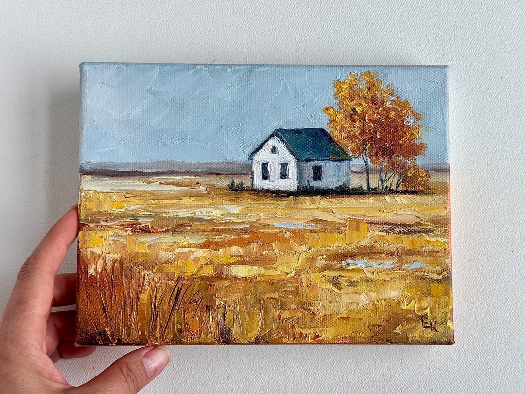 Textured Oil Painting: Rustic Autumn Farmhouse Landscape, 6x8" Canvas ...