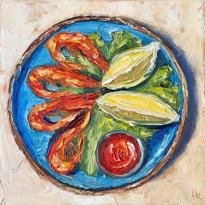 Shrimp Oil Painting: Impasto Kitchen Food Art (10x10 Inch) - Etsy
