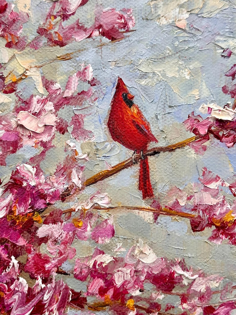 Red Cardinal Spring Bird Art Original Oil Painting 8x8 Canvas - Etsy